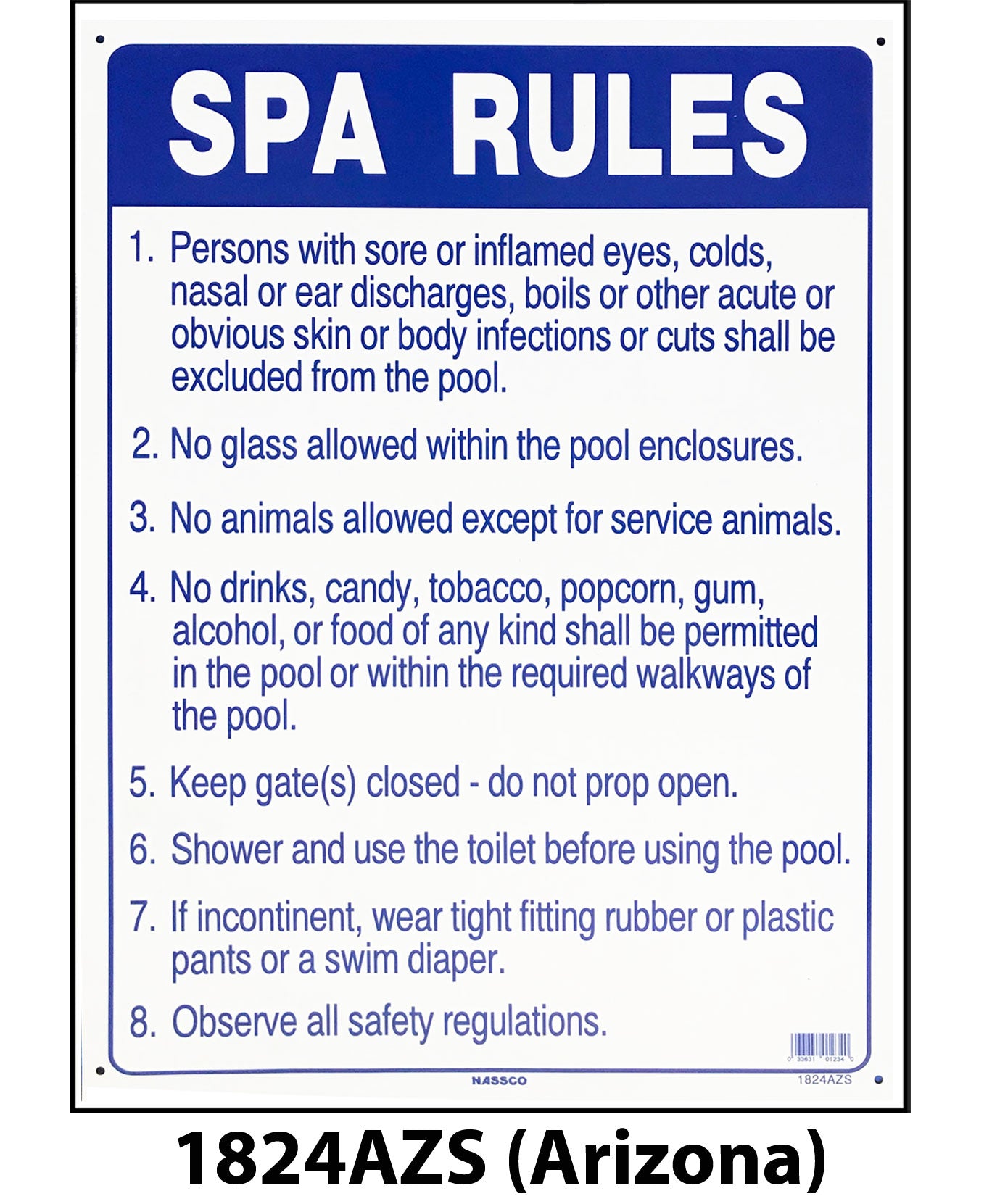 1824AZS Arizona Spa Rules SW 18x24 – National Stock Sign