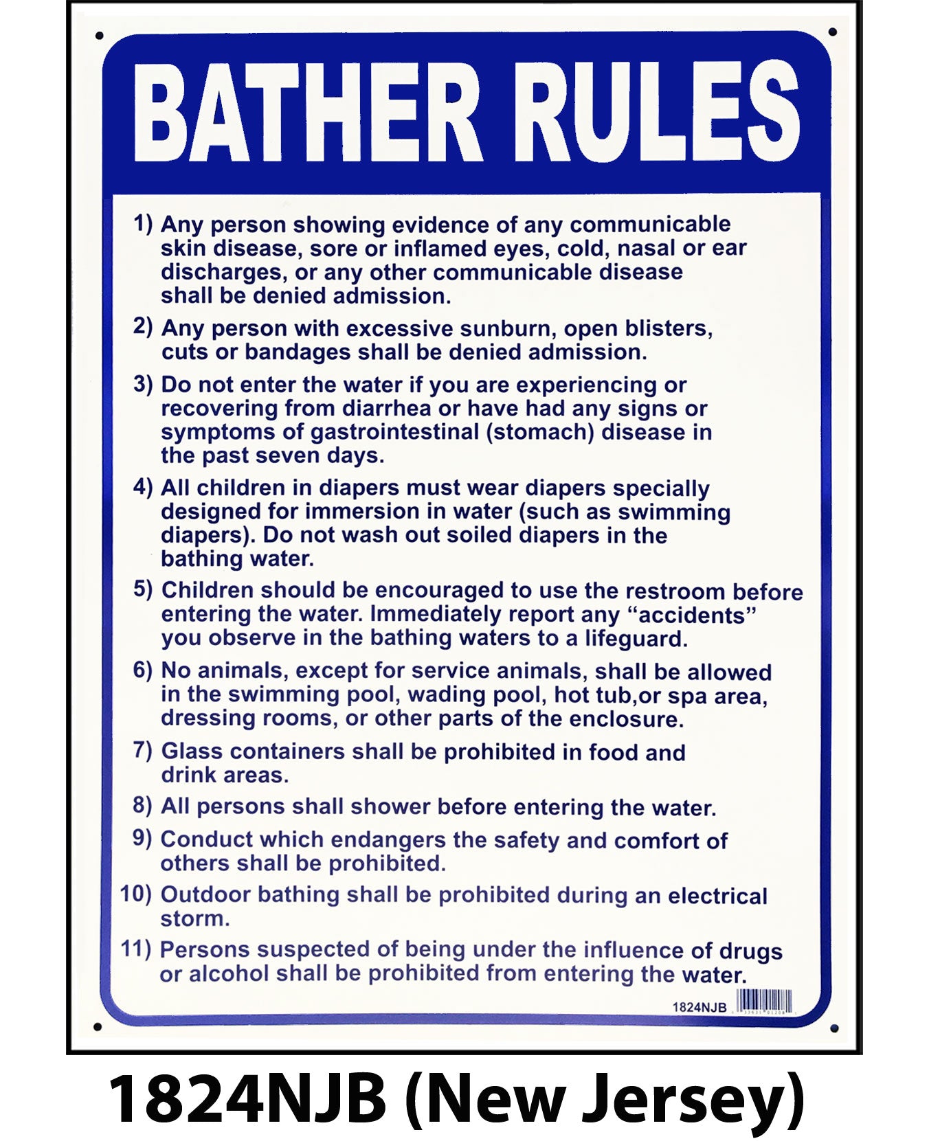 1824NJB New Jersey Bathing Rules-- SW18X24 – National Stock Sign