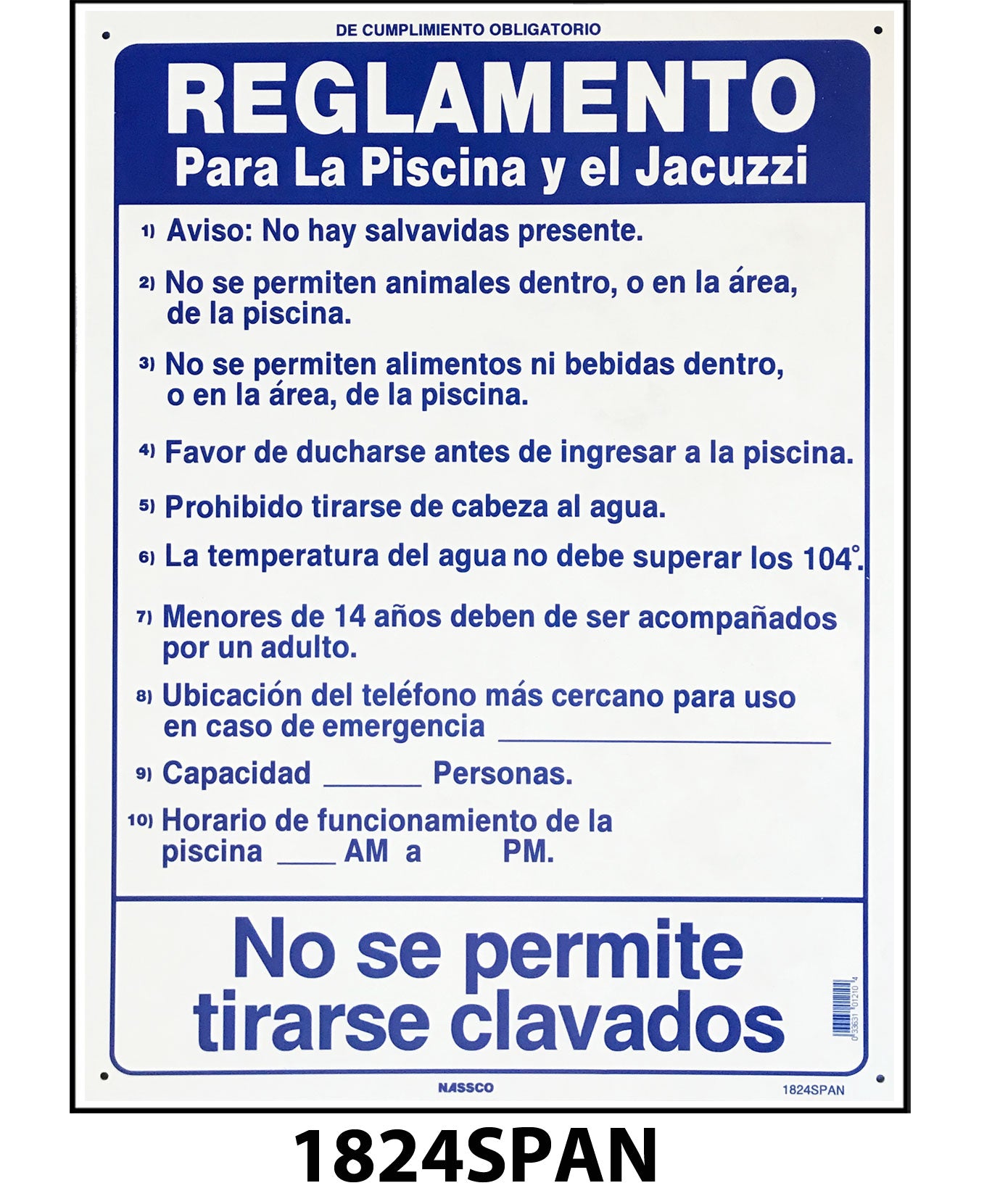 1824SPAN Spanish Pool/Spa rules-- SW18X24 – National Stock Sign
