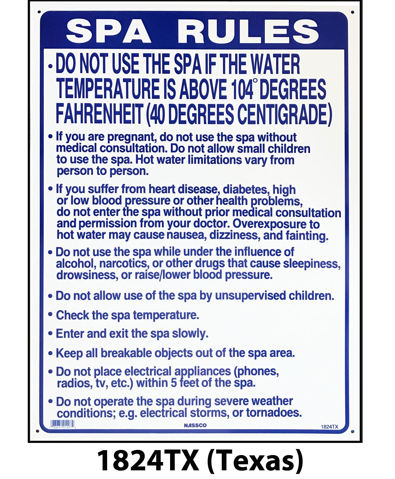 1824TX Texas Spa Rules-- SW18X24 – National Stock Sign